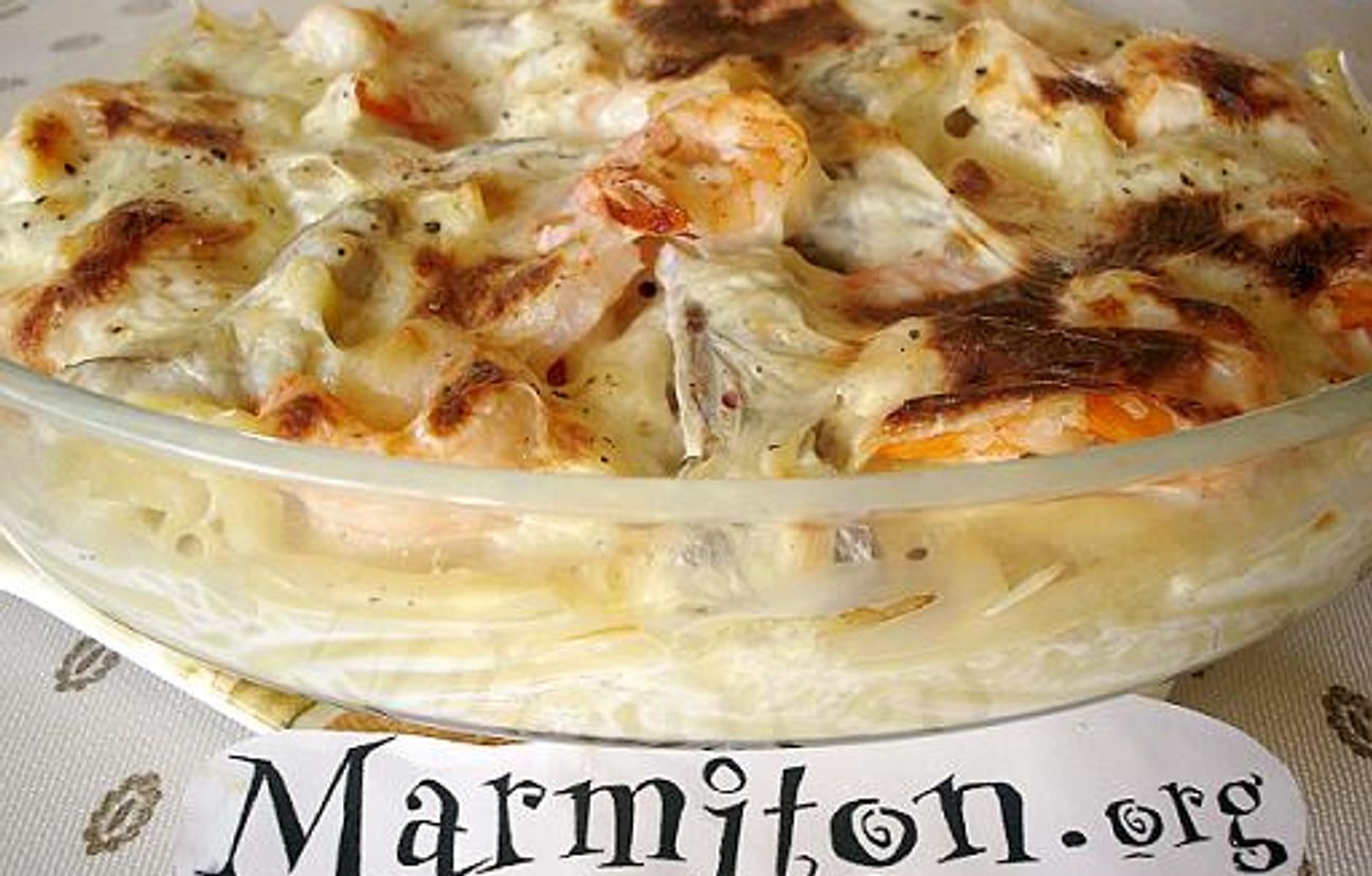 Gratin de pâtes et poisson aux crevettes : Recette de Gratin de pâtes ...