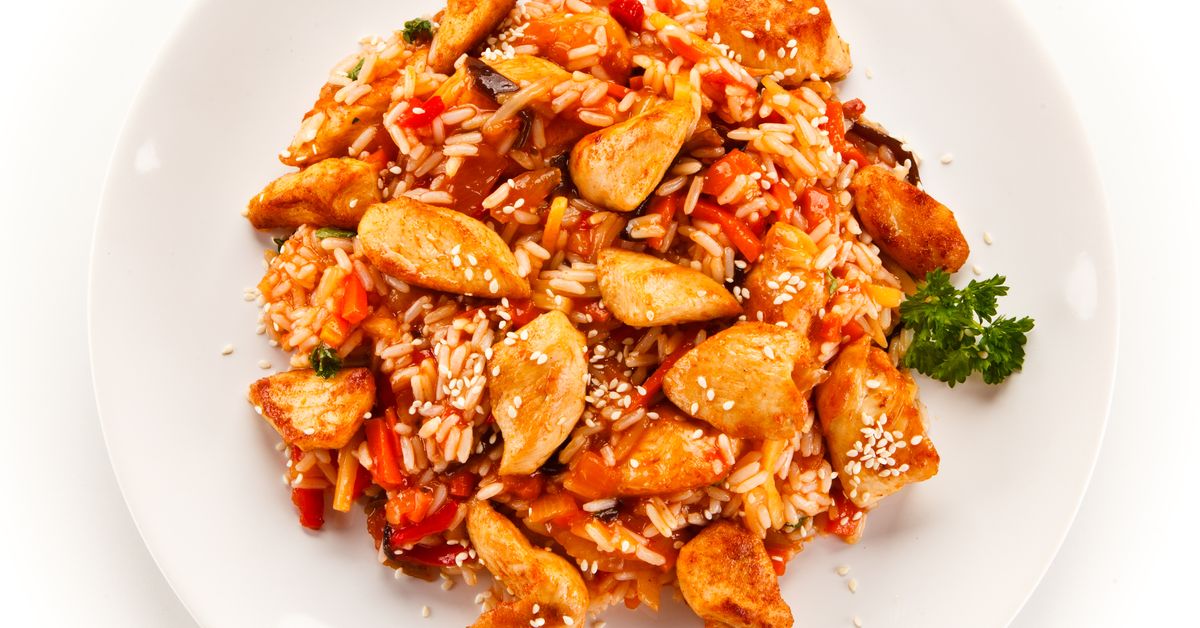 Riz, poulet à la crème fraîche et à la tomate : recette de Riz, poulet ...